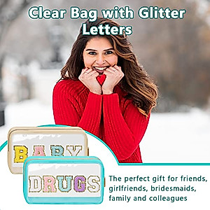 Iqimott Preppy Patch Clear Makeup Bag, Women Chenille Letter Cosmetic Bag for Travel, Nylon Waterproof Organization Outdoor Zipper Pouch Toiletry Bag for Women Girls(Green)