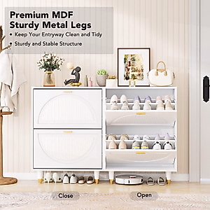 howcool Shoe Storage Cabinet with 2 Flip Drawers, Slim Wooden Freestanding Shoe Cabinet, Hidden Narrow Shoes Rack Organizer for Entryway Hallway, Holds 16 Pairs, 24" W, Small, Classic White