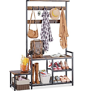 ODK Parent-Child Hall Tree with Bench and Shoe Storage, Entryway Rack with Metal Frame and Hooks, for Entrance, Foyer, Mudroom (Rustic Brown)
