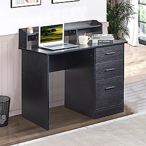 Kcelarec Computer Desk with Drawers and Hutch, Home Office Desk with File Drawer, Wood Executive Desk Writing Study Table PC Desk for Bedroom (Black)