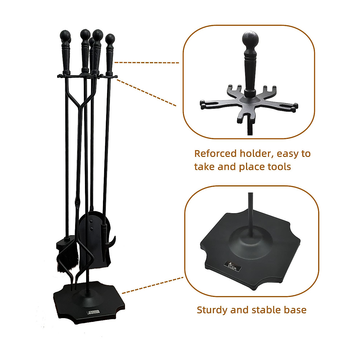 VODA Fireplace Tools Set 5 Pieces 31.5In Cast Iron Indoor Fireside Accessories Large Fire Place Tool Set Outdoor Holder Fire Kit Stand Wood Stove Log Shovel Brush Tong and Fireplace Poker