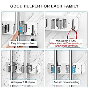 HOMEASY Mop Broom Holder Wall Mounted SUS304 Stainless Steel, Mop Broom Organizer with 2 Installation Methods (No Drilling&Screw Drilling Installation 2 In 1), Mop Hanger Heavy Duty with Hooks, 2PCS