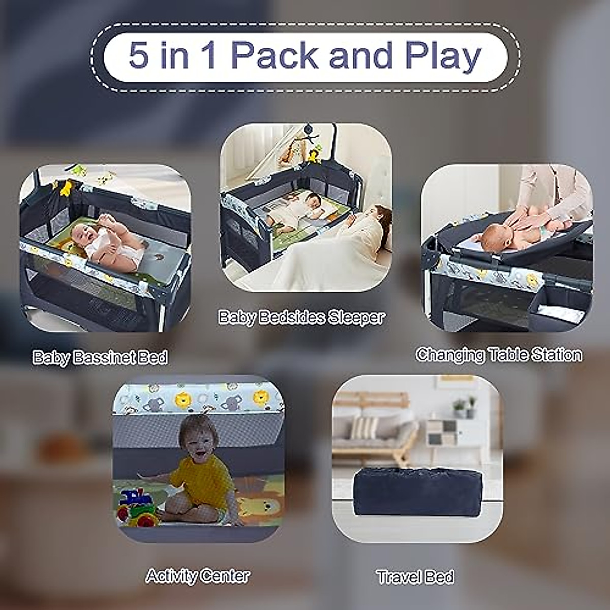 5-in-1 Baby Bassinet Bedside Crib, Pack and Play Long Next to Bed Crib Co Sleeper with Toys & Music Box, Mattress, Foldable Playard, Playpen Travel Bed Nursery Center for Girl Boy Infant Newborn