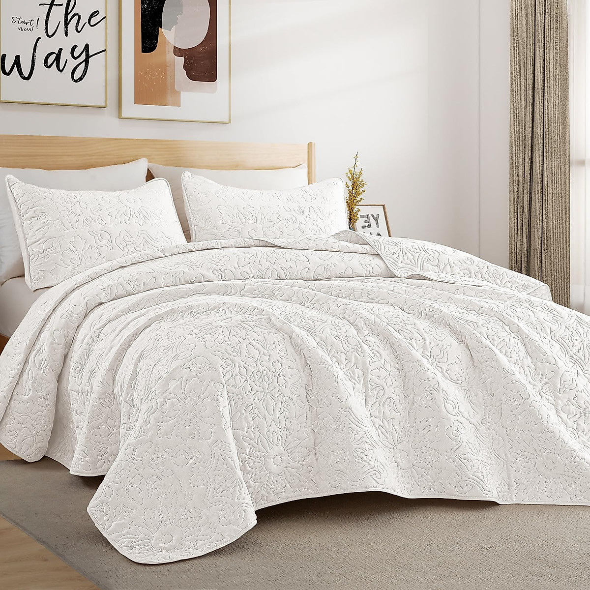 Whale Flotilla 3 Piece Queen Size Quilt Set, Soft Reversible Embossed Queen Quilts Bedding Set, Lightweight Bedspreads Coverlets with Boho Pattern for All Seasons, White