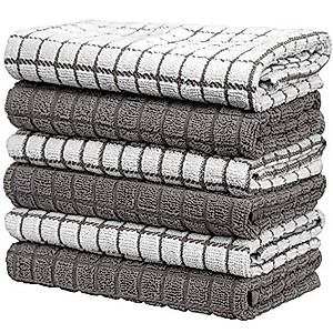 Kitchen Towels 16"x 28" | Dish Towels | Kitchen Hand Towels | Large Dishcloths Set | Highly Absorbent Tea Towel, Soft with Hanging Loop | Natural Ring Spun Cotton, 380 GSM | Gray Check Design - 6 Pack