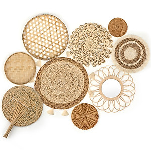 Set of 9 Wall Basket Decor Boho Wall Hanging Decor Rattan Wall Decor Flat Round Wicker Mirror Woven Macrame Tassels Tapestry Bamboo Wall Basket Handmade Serving Tray Art for Room Bedroom Living Room