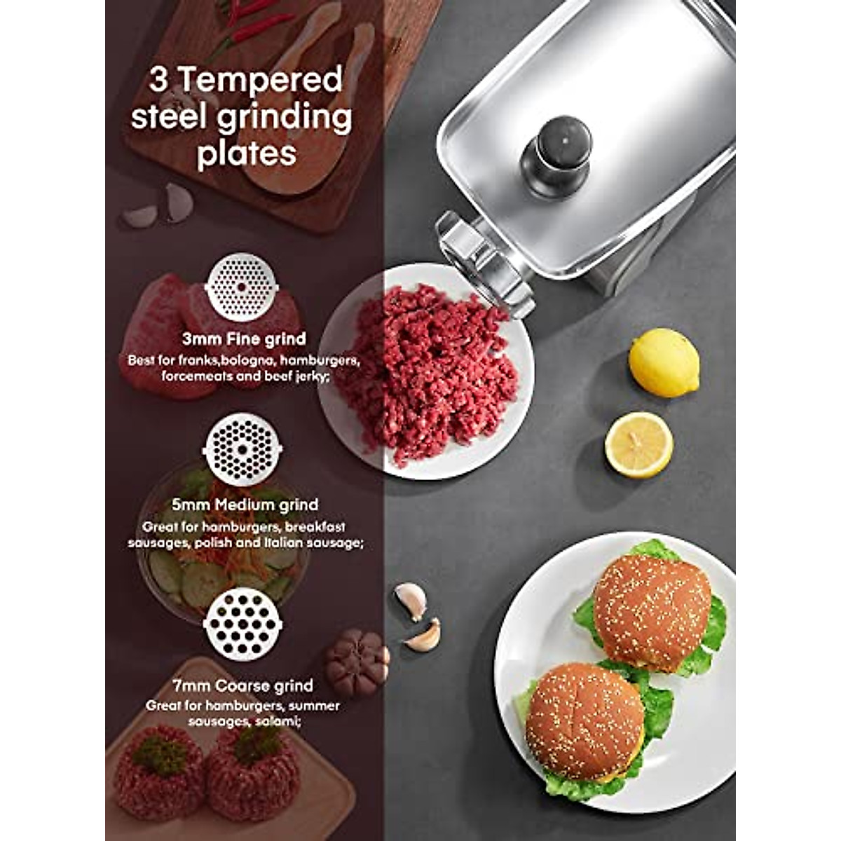 Electric Meat Grinder Heavy Duty - 5 in1 Home Meat Grinder - 3000W Max Powerful - Sausage Stuffer - Slicer/Shredder/Grater - Kubbe & Tomato Juicing Kits - 3 Stainless Steel Grinding Plates - Size #12