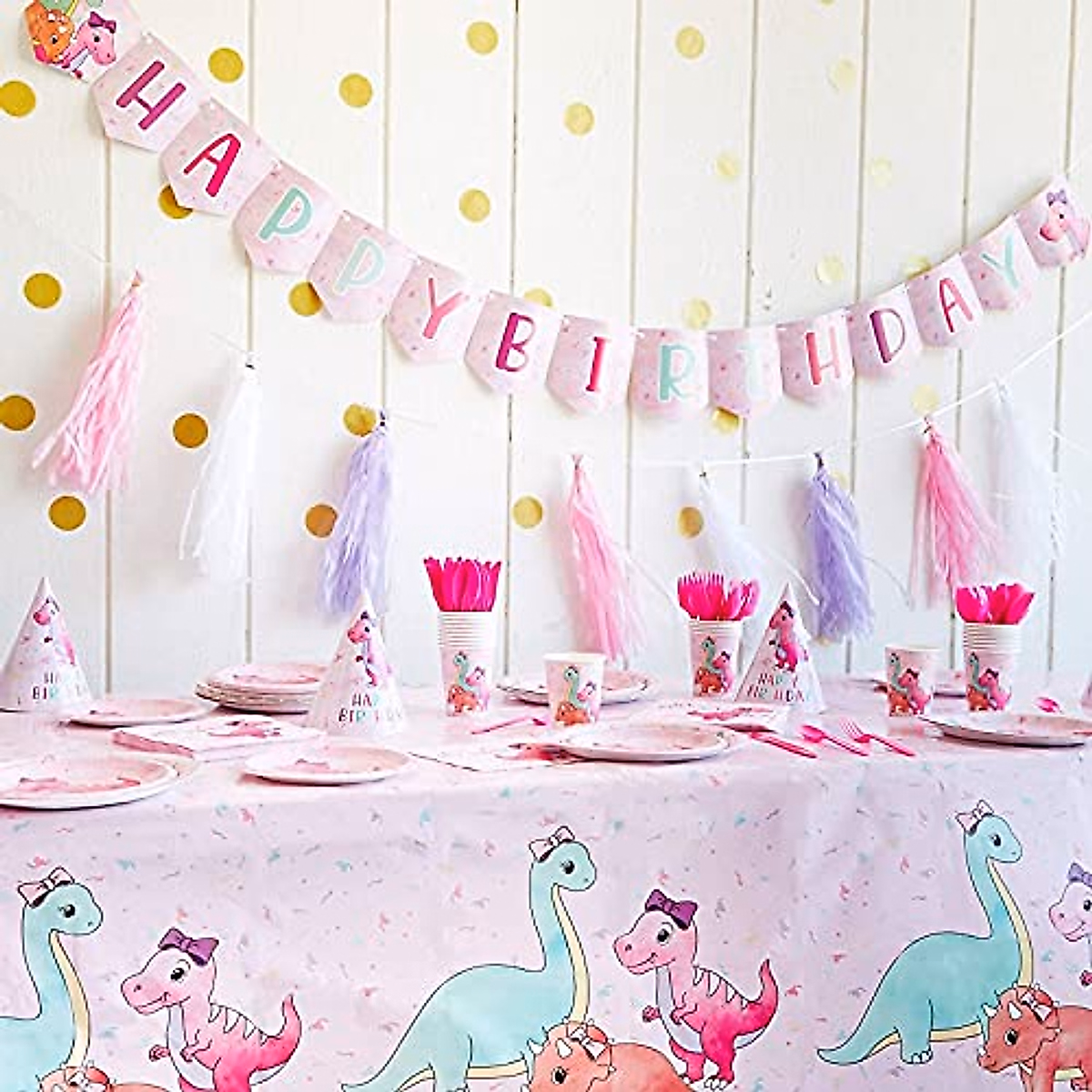 BLUE PANDA Pink Dinosaur Party Decorations for Girl's Birthdays, Plastic Tablecloth (54 x 108 in, 3 Pack)
