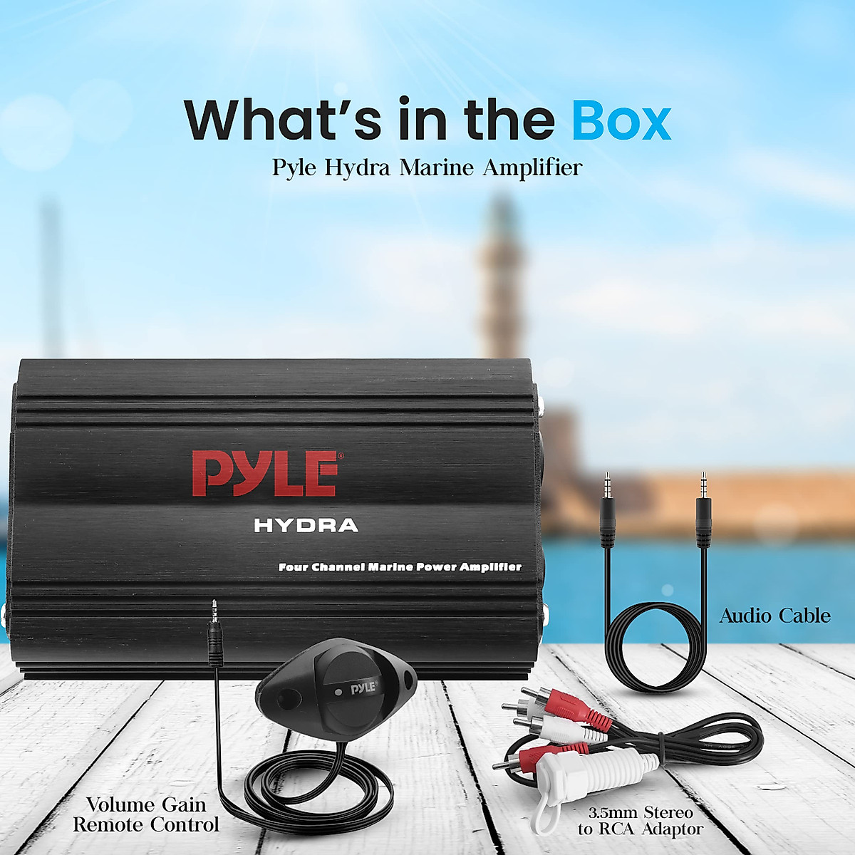 Pyle Hydra Marine Amplifier - Upgraded Elite Series 800 Watt 4 Channel Micro Amplifier - Waterproof, GAIN Level Controls, RCA Stereo Input, 3.5mm Jack, MP3 & Volume Control (PLMRMP3B)