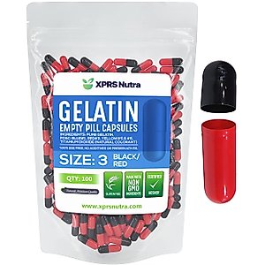 XPRS Nutra Size 3 Empty Capsules - 100 Count Empty Gelatin Capsules - Empty Pill Capsules - DIY Capsule Filling - Pure Bovine Pill Capsules Empty Gel Caps (Black/Red)