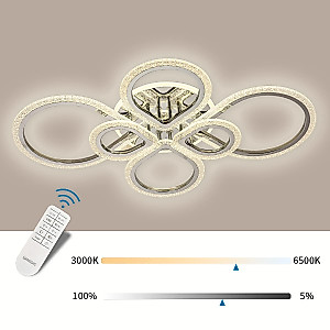 Modern Ceiling Light Fixture LED Chandelier Remote Control Dimmable 3000K-6500K Metal Polished Acrylic Flush Mount Lamp Suitable Living Room Bedroom Dining Room Kitchen (Polished Chrome, 6 Rings)