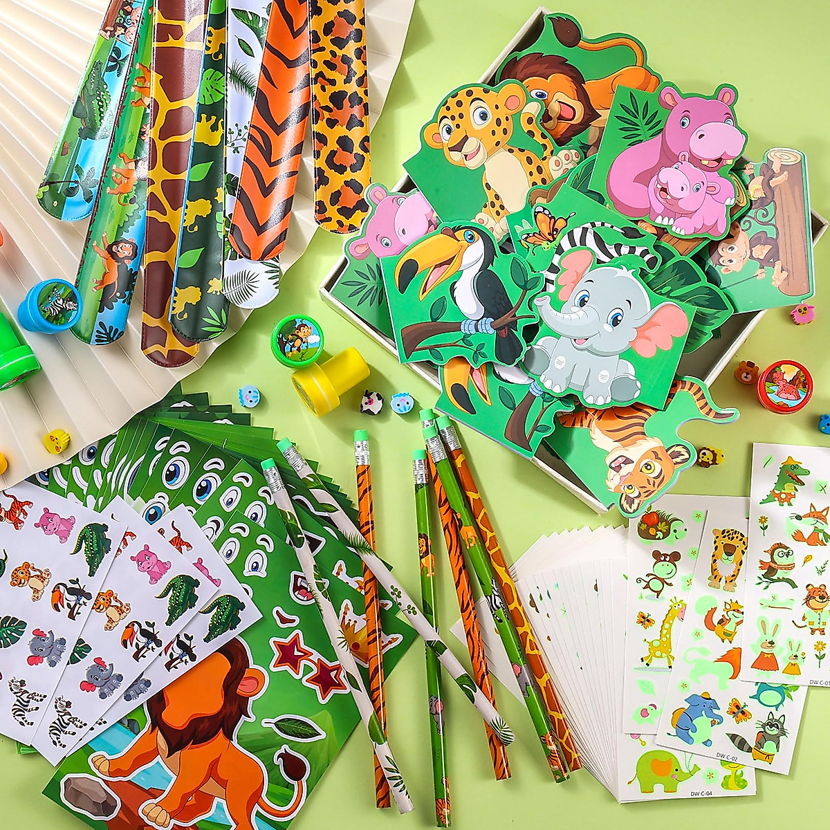 BenLouis 240Pcs Jungle Safari Party Favors Zoo Animals Sticker Stampers Slap Bracelets School Stationery Set Bulk Classroom Prizes for Kids Wild One Party Baby Shower Goodie Bags Fillers