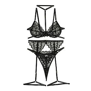 Lilosy Petite Sexy Choker Floral Lace Scallop Sheer Underwire Push Up Garter Belt Lingerie Set for Women See Through Bra and Panty 3 Piece Black X-Small