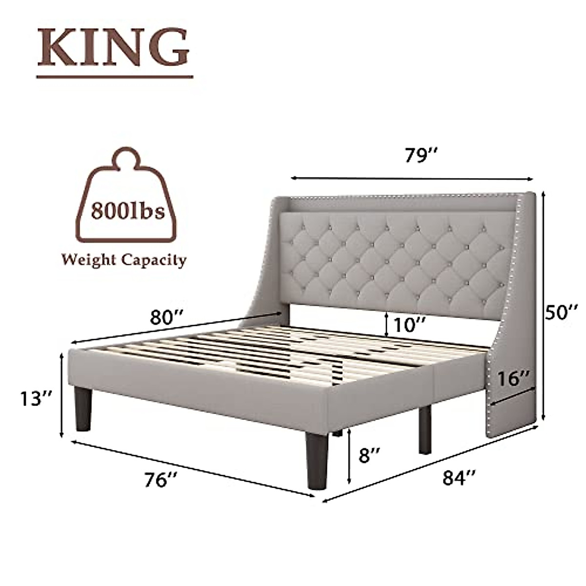 Feonase King Size Bed Frame with Deluxe Wingback Headboard, Upholstered Platform Bed Frame with Diamond Tufting & Storage Shelf, Wood Slats, Easy Assembly, Noise-Free, No Box Spring Needed, Light Gray