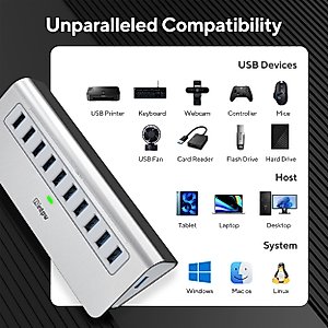 Powered USB Hub, intpw 10 Port USB 3.1 Hub with 10Gbps Data Transfer, 30W(12V/2.5A) Power Adapter, USB Type A and Type C Cable, Aluminum USB Power Hub for Laptop, MacBook and Desktop Computer