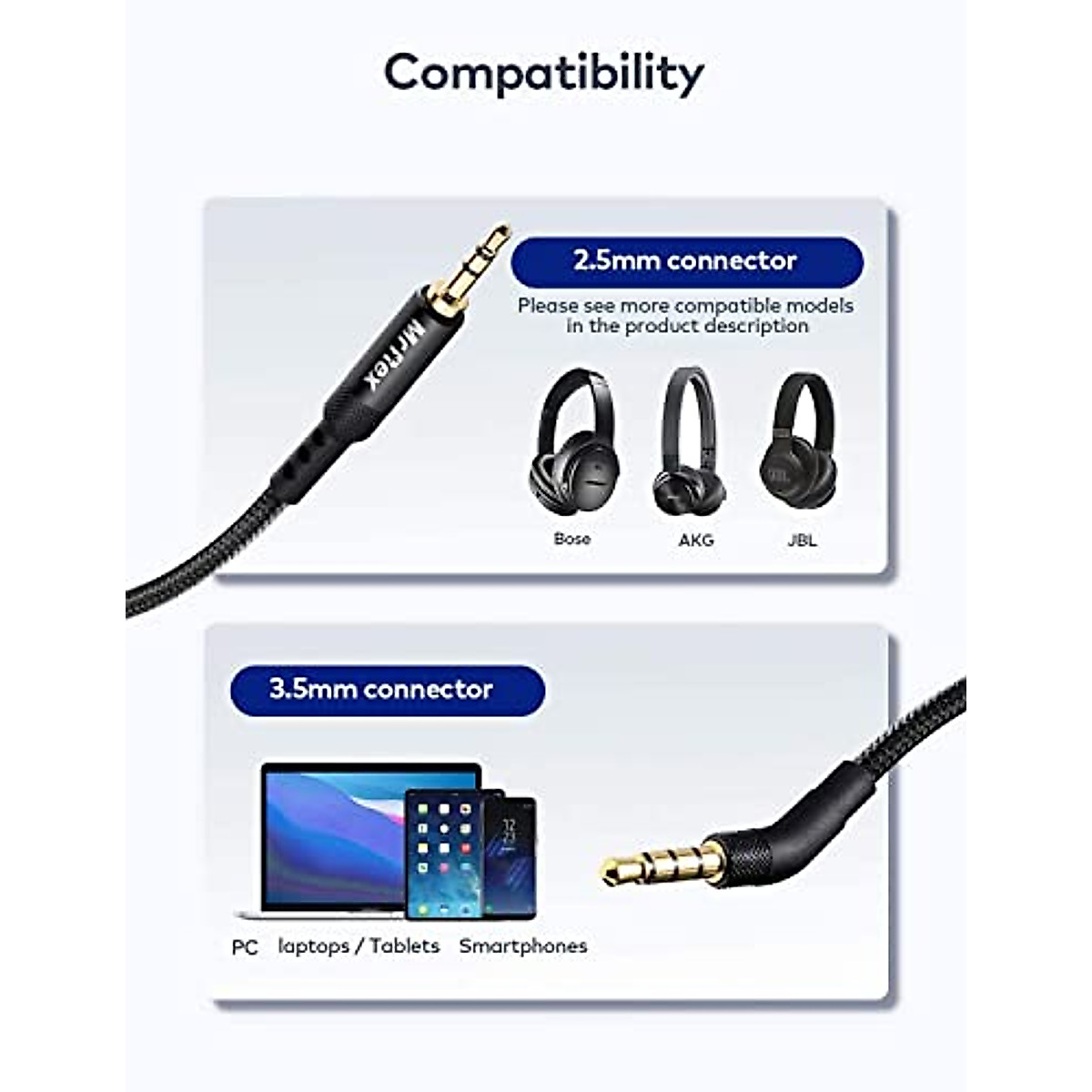 Mr Rex Replacement Cord for Bose 700 QC25 QC35II QC35 QC45 Headphones, JBL Everest 300 650BTNC E55BT Earphone, 2.5mm to 3.5mm Audio Aux Cable[2-Pack, 5ft Nylon-Braided with Mic + 5ft TPE no Mic]