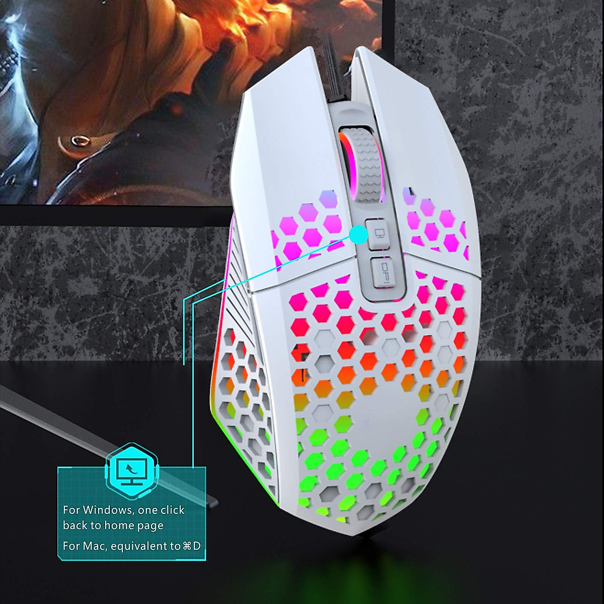 Uiosmuph X801 Wired Gaming Mouse, Honeycomb Lightweight Gaming Mouse with RGB Backlit, 7 Programmable Buttons and One-Click Desktop, 8000 DPI Optical USB Gamer Mouse for Mac, Laptop, Computer - White