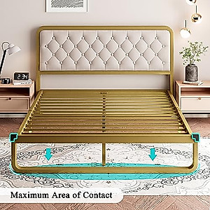 iPormis Queen Size Metal Bed Frame with Velvet Button Tufted Headboard, Curved Platform Bed Frame, Thicker Metal Steel Slats Support, 12'' Under-Bed Space, Noise-Free, Easy Assembly, Gold & Beige