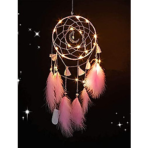 Nice Dream Pink Dream Catchers, Room Nursery Decor for Girls Boys, Handmade Feather Wall Decor with Lights, Home Ornaments Craft Gift for Bedroom