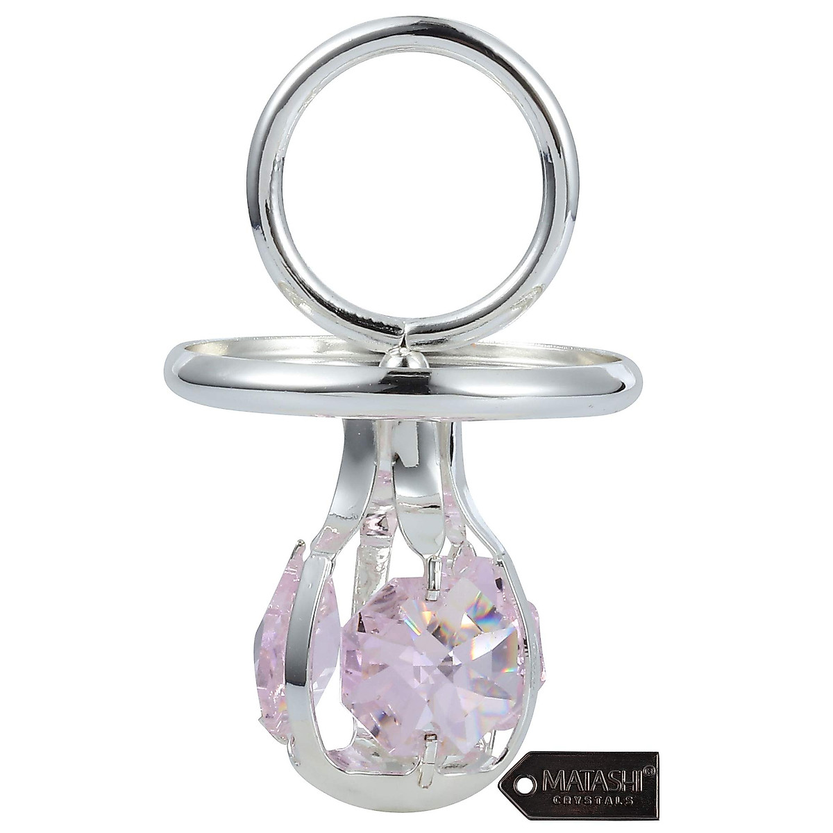 Matahi Silver Plated Crystal Studded Pacifier Ornament with Light Pink Crystals Baby's First Christmas Holiday Ornament and Hanging Pendant - Great Gift for Baby Shower, New Born Baby Gift