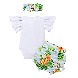 IMEKIS Aloha Beaches Pineapple Outfit Baby Girl Ruffle Sleeve Romper Shorts Pants Headband Hawaii Summer Themed fruits 1st Birthday Coming Home Clothes Newborn Hawaiian Themed Baby Shower 6-9 Months