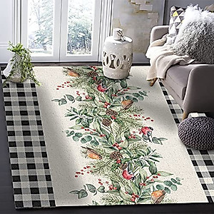 Rectangular Rug Living Room Area Rug - Christmas Winter Poinsettia and Berries Carpet Non-Slip Backing Area Rug Indoor Rug Bedroom Playroom Carpet Floor Mat, 2'x3'