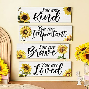 4 Pcs Sunflowers Inspirational Wall Decors Sunflower Gifts for Woman You Are Kind Wall Art Rustic Wood Sign Hanging Decoration for Living Room Bedroom Bathroom Door Decor (Inspirational Sunflower)