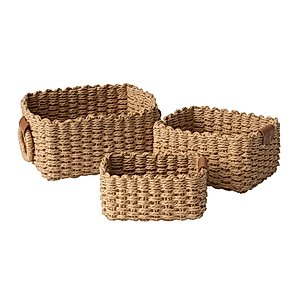 La Jolie Maison Small Sand Wicker Baskets Set of 3, Paper Rope Storage Baskets with Handle, Small Woven Baskets for Organizing, Decorative Cute Baskets for Gifts