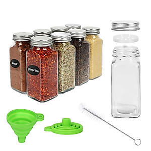 DHSBTLS 6oz Glass Spice Jars with Labels 30 Pcs, Empty Square Spice Bottles with Shaker Lids and Airtight Metal Caps,Chalkboard Marker and Silicone Collapsible Funnel Included