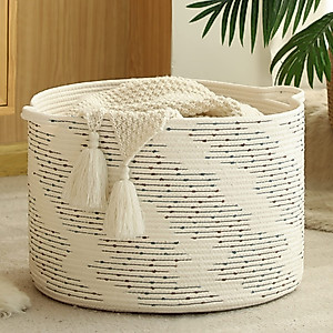 KAKAMAY Large Cotton Rope Blanket Basket (18"x16"),Woven Baby Laundry Hamper，Blanket Basket for Nursery, Laundry, Living Room, Pillows, Toys with Leather Handles （White）