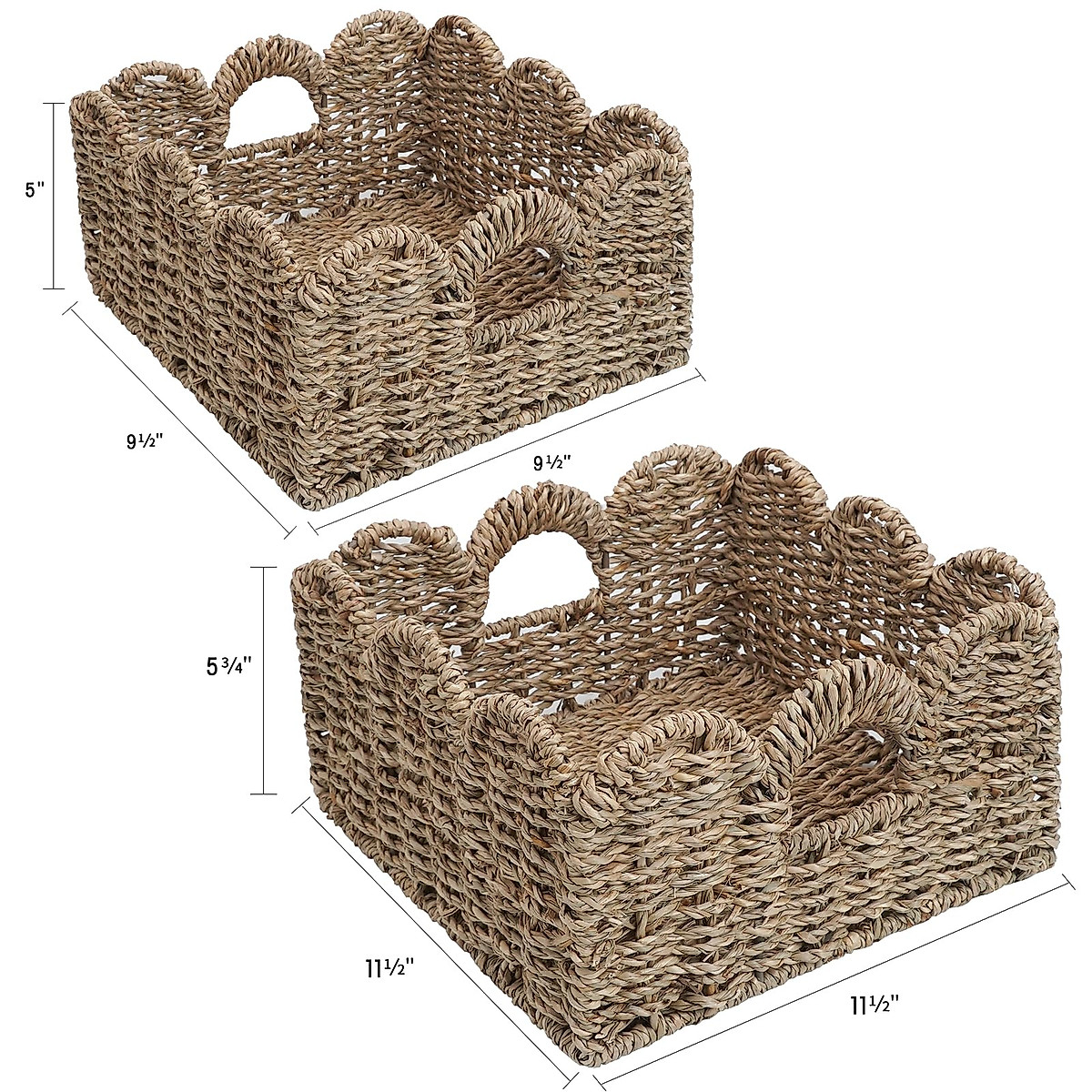 Scalloped Basket with Handles Wicker Storage Basket Nursery Seagrass Baskets for Shelf Decorative Organizing 2pc/set (Seagrass)
