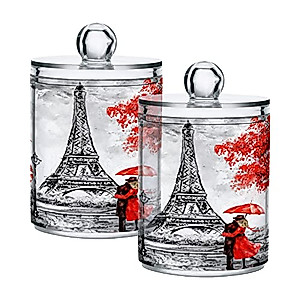 MCHIVER Valentine's Day Lovers Paris Bathroom Canisters Organizer 2 Pack Clear Plastic Jars with Lids 10 Oz Vanity Organizer for Cotton Swab Round Pads Ball Floss