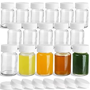 Syntic 16 Pack 2.5 Oz Wide Mouth Juice Shot Bottles with 16 Sealed Press Screw Caps & 8 Airtight Lids! Small Glass Ginger Shot Bottles for Oil, Ginger, Travel Bottle, Reusable and Dishwasher Safe