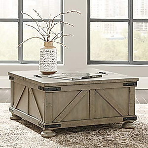 Signature Design by Ashley Aldwin Farmhouse Square Coffee Table with Lift Top for Storage, Grayish Brown
