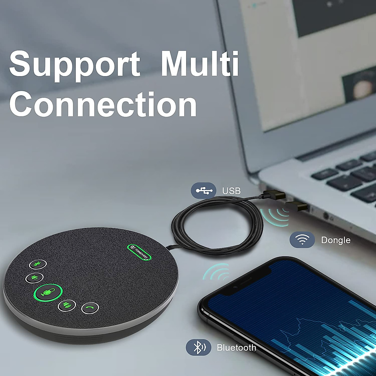 TONGVEO Wireless Speakerphone Conference Speaker,Daisy Chain 2.4G USB Speaker with Expandable Microphone with 360° Voice Pickup,Full Duplex Speakerphone Noise Canceling Mics for 20 People Conference