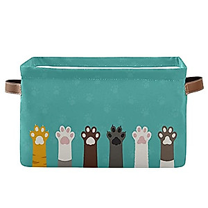 Kigai Foldable Rectangular Storage Baskets - Fabric Shelves Storage Bins with Leather Handles for Organizing Closet Clothes, Toys, Towels, Bedroom, Bathroom, Nursery, Office (Cute Cat Paws,1 PCS)