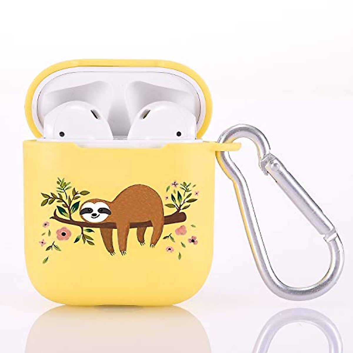 JOYLAND Yellow Case Cover for AirPod 1&2 w/Keychain Ring Carabiner Clip,Lovely Sloth Case Wireless Earphone Case Smooth Anti-dust Silicone Protective Cover Soft Skin Cute Case fr AirPods 1 & 2