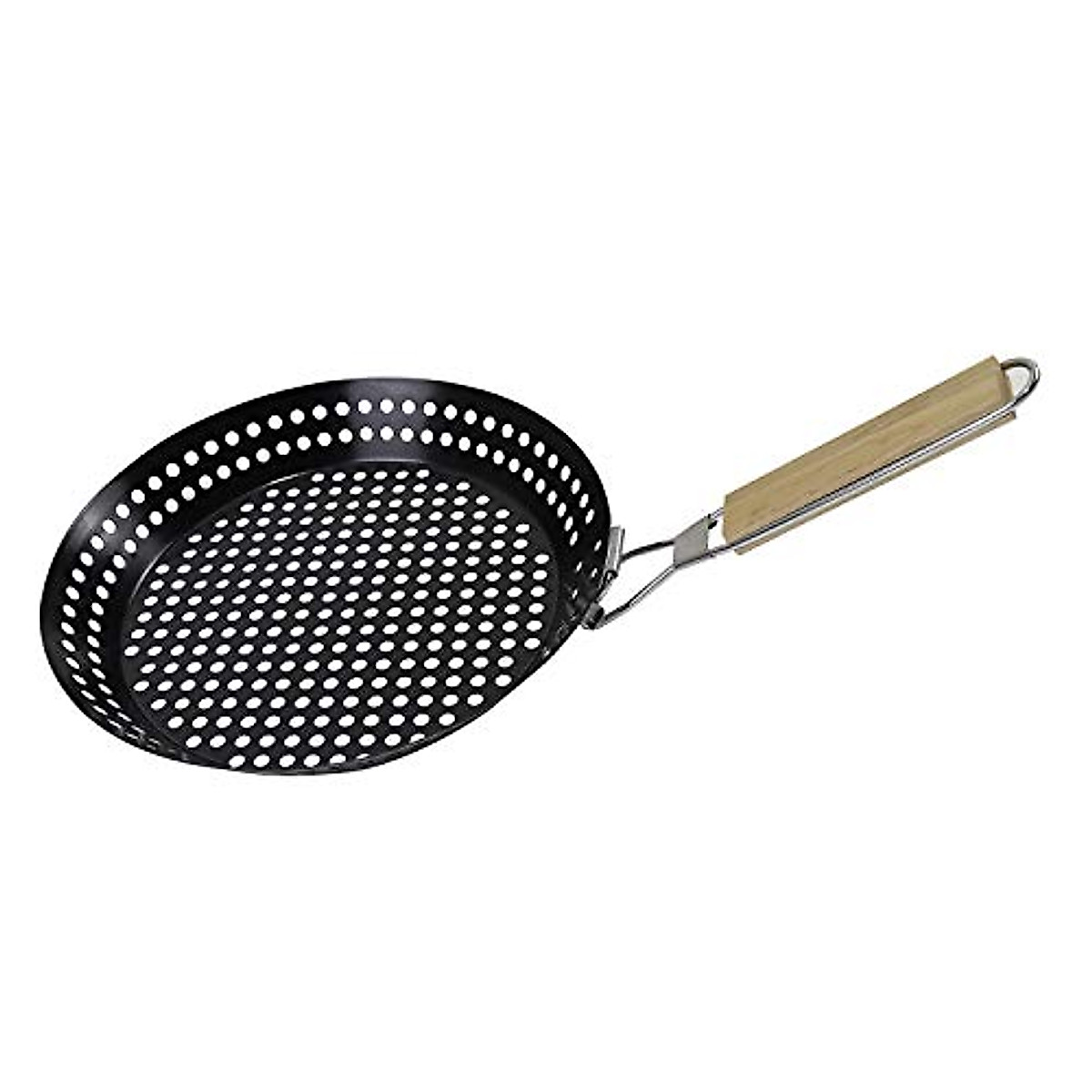 Zemibi Grill Pan With Holes, Nonstick Grill Skillet, Heavy Duty Frying Pan with Wooden Foldable Handle, Grill Basket Hollow Tray for Camping Cookware, Picnics and Other Outdoor BBQ Activities