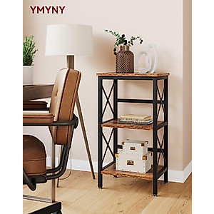 YMYNY 3 Tiers Bookcase, Industrial Metal Bookshelf with Side Fence, Storage Organizer for Living Room, Home Office, Bedroom, Display Racks, Sofa Side Table, Rustic Brown, 29.5*15.75*11.4" UHST008H