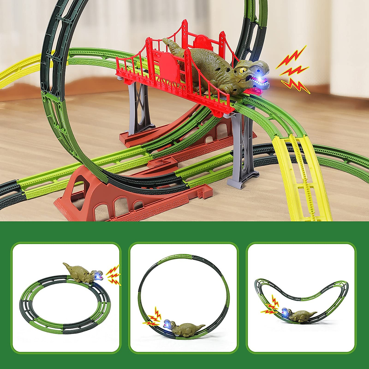 𝐓𝐎𝐘 𝐃𝐄𝐀𝐋𝐒 𝐈𝐍 𝐎𝐔𝐓𝐋𝐄𝐓 Dinosaur Race Track Train Toys, Flexible Dinosaur Train with LED Roaring Lights, Dino Toys & Dino Eggs, 3 Year Old Boy Birthday Gift