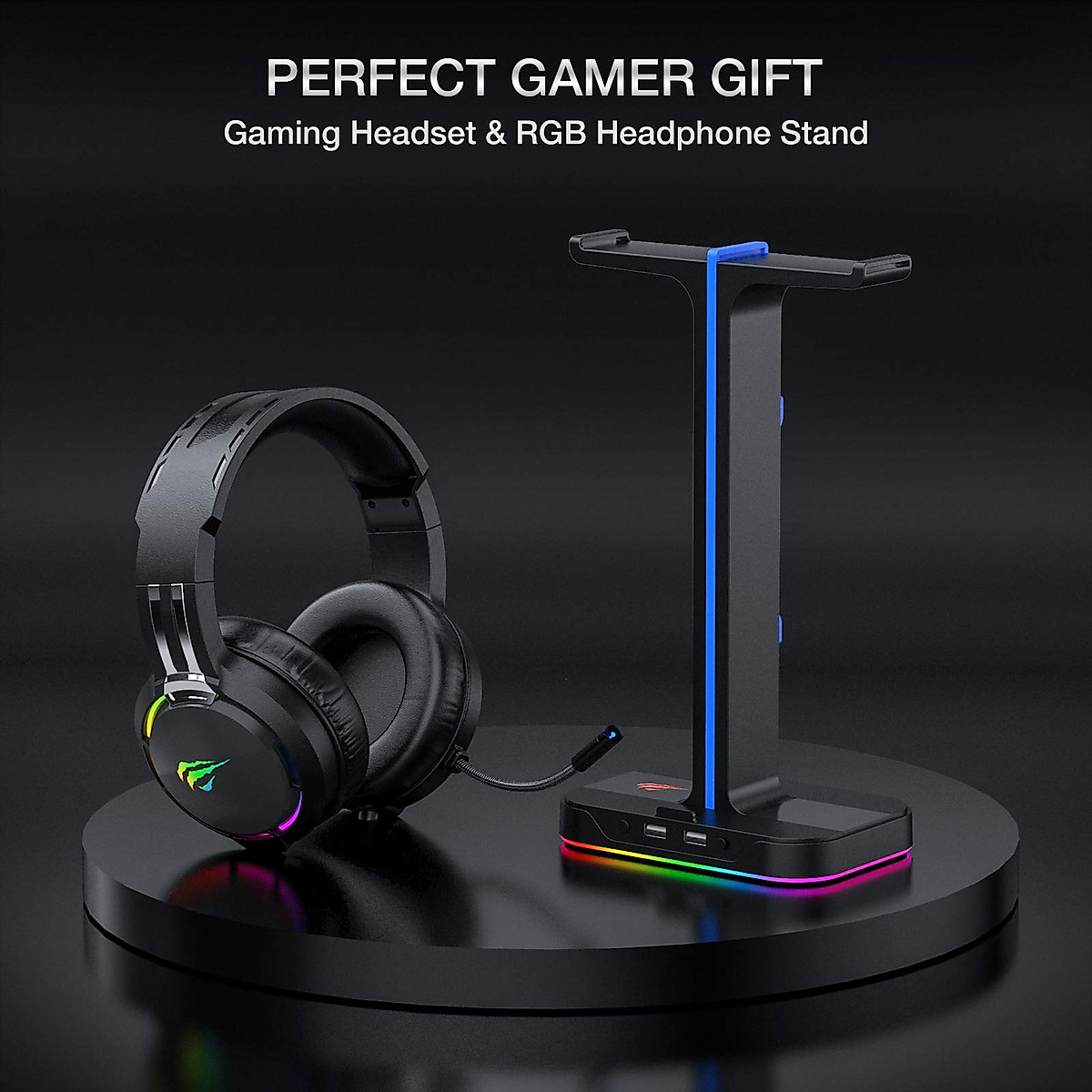 Havit RGB Gaming Headset and Headphone Stand 2 in 1 Set, Desk Dual Headset Hanger Base with Phone Holder & 2 USB Port, Gaming Headphone with Mic for Desktop PC Game PS4 PS5 Xbox