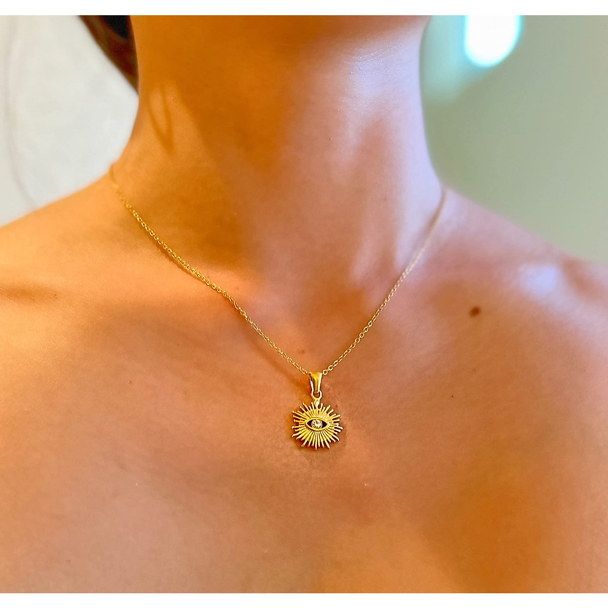 18K Gold Plated Evil Eye Zircon Sunburst Pendant Necklace Dainty Chain Jewelry for Women