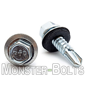 (50) #14 x 1" Indent HWH with Bonded EPDM Sealing Washer, Hex Washer Head Unslot, 1/4" Zinc #3 Point Self Drilling TEK Sheet Metal Roofing Screws - MonsterBolts (50, #14 x 1")