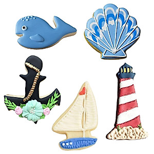 Nautical Ocean Cookie Cutters 5-Pc. Set Made in USA by Ann Clark, Anchor, Sailboat, Lighthouse, Seashell, Whale