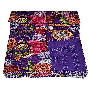 MAVISS HOMES Indian Handmade Floral Printed Cotton Kantha Quilt | Throw Blanekt Bedspreaed | Vintage Quilt | Home Decore; Multicolour