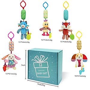 Baby Car Seat Toys, Infant Soft Plush Rattle, Cute Animal Doll,Early Development Hanging Stroller Toys for Newborn Boys Girls Gifts (5 PCS)