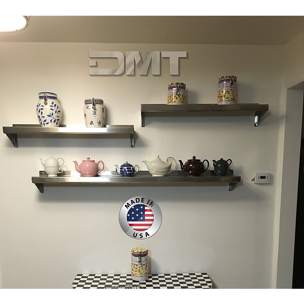 DMT Stainless Wall Shelf. 24" X 12" Deep. Made in USA. 16 Gauge 304/L Stainless Steel.