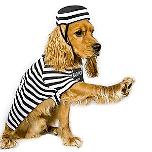 Funny Dog Prisoner Costumes Halloween Dog Prison Pooch Shirts Washable Dog Hat and Card for Halloween Dog Puppy Pet Cosplay (X-Large)