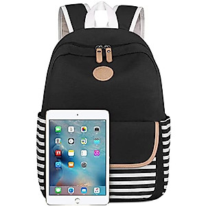 Createy 4 Pcs Canvas Backpack for Girls School Bag Kids Bookbags Teen Backpack Travel Daypack Stripe Backpack with Lunch Box and Pencil Case