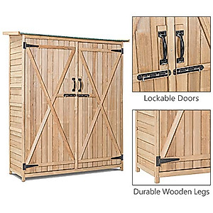 Goplus Outdoor Storage Cabinet, Wooden Garden Shed with Double Lockable Doors & Lean-to Roof, Vertical Tool Organizer for Backyard Patio Deck